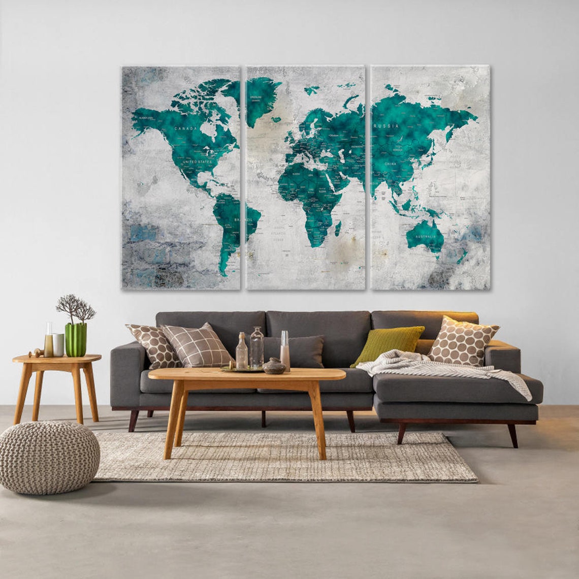 Turquoise World Map Canvas Wall Art Push Pin Travel Adventure | Etsy