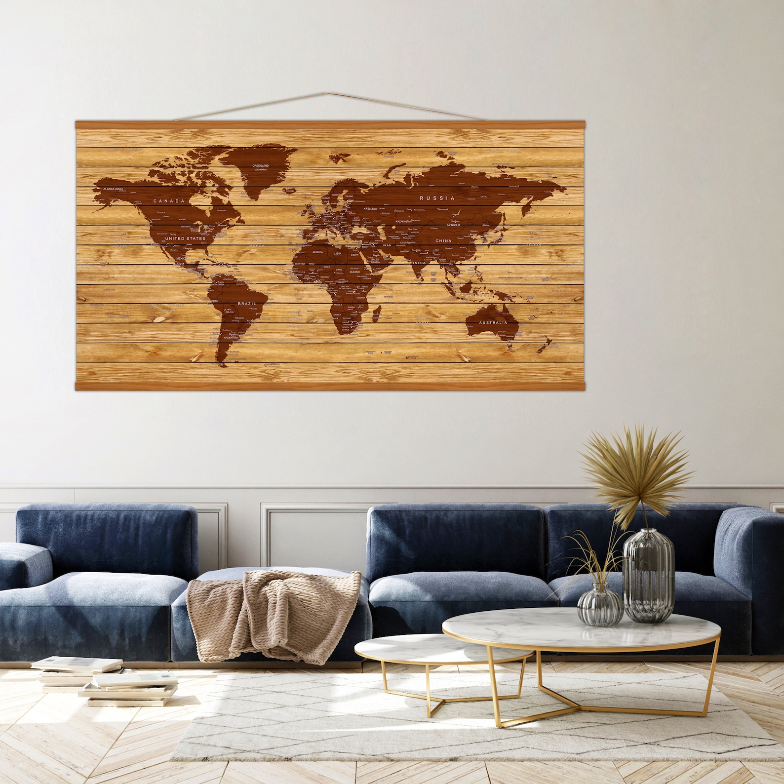 Hanging World Map Canvas, Rustic Frame Home Decor, Wood Texture World ...