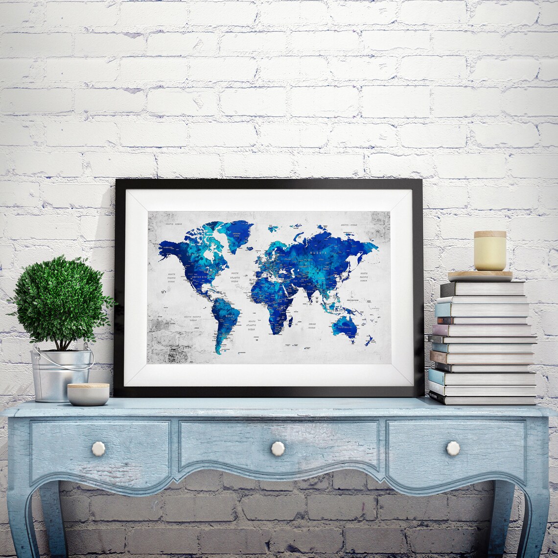 Printable World Map Poster Navy Blue Colors Downloadable - Etsy