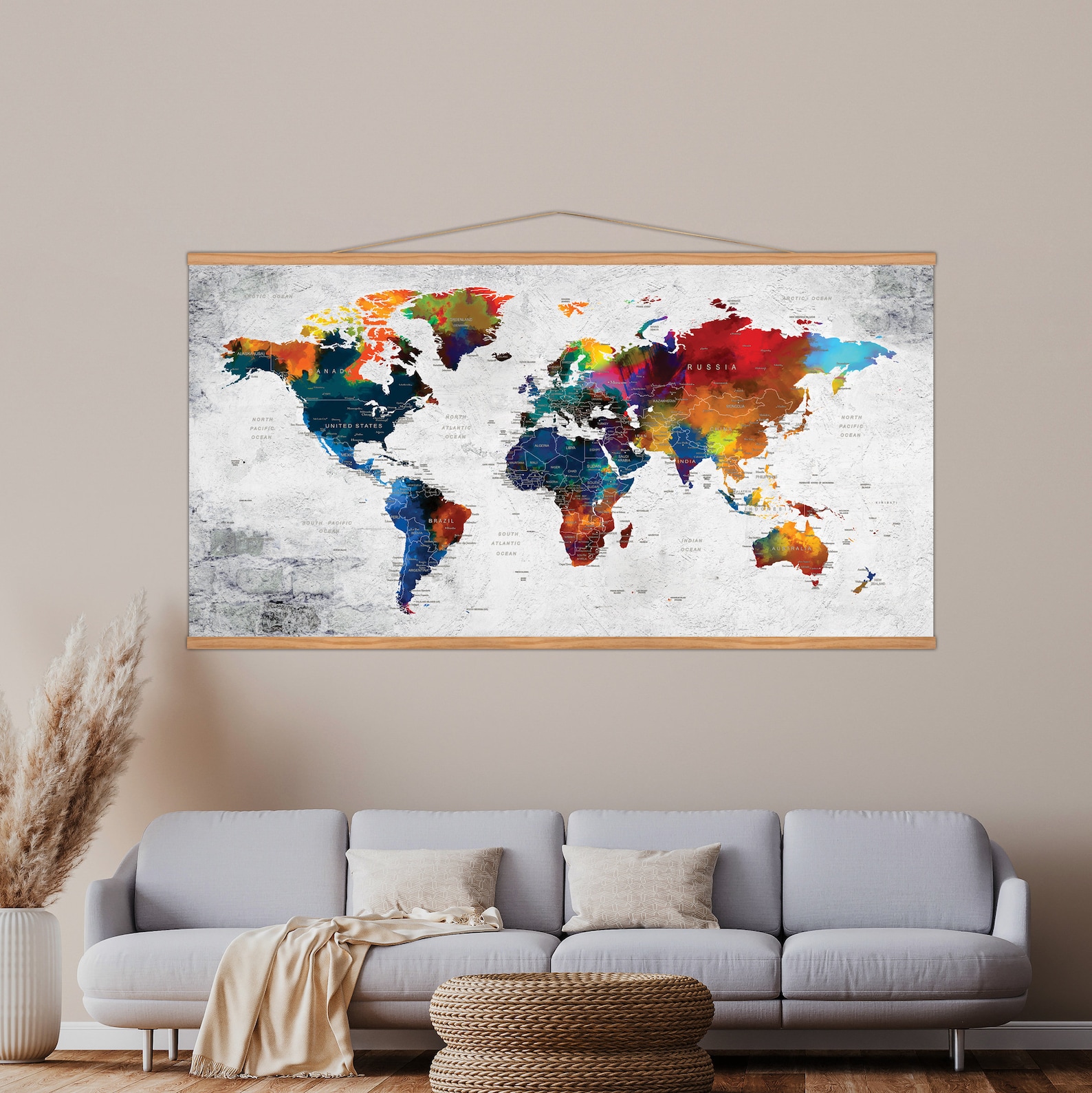 Hanging World Map Canvas, Rustic Frame Home Decor, Colorful World Map ...