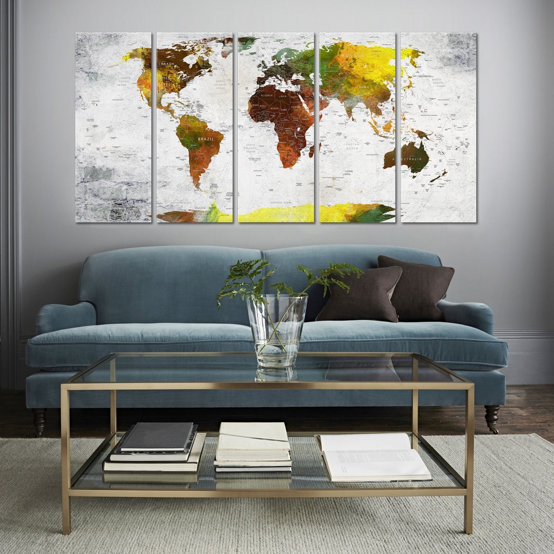 Large Canvas World Map Wall Art, Push Pin Travel Map, Soft Color ...