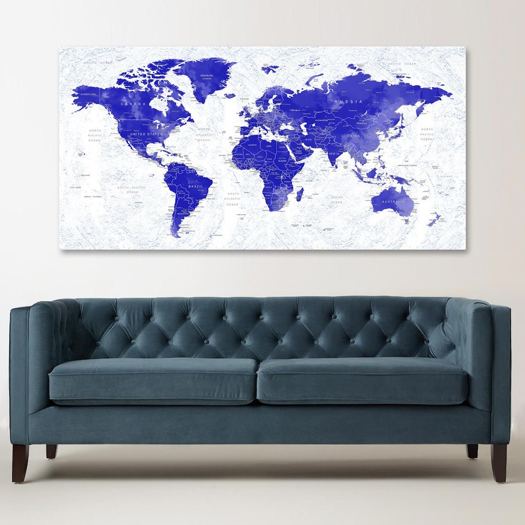 World Map Canvas Wall Art, Push Pin Travel Map, Glossy Navy Blue ...