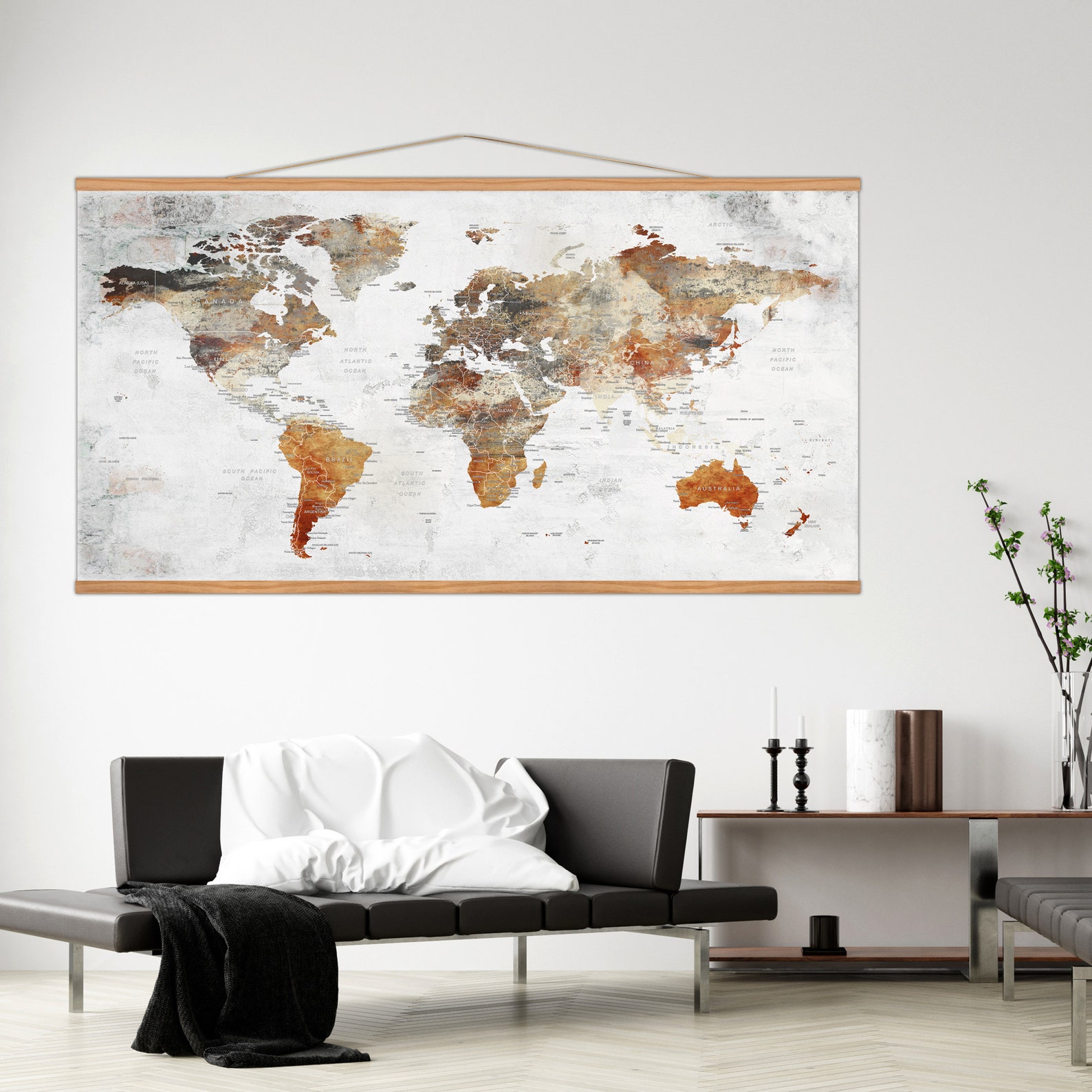 Hanging World Map Canvas Rustic Frame Home Decor Earth - Etsy