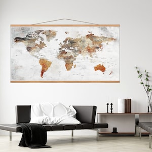 Hanging World Map Canvas, Rustic Frame Home Decor, Earth Colors World ...