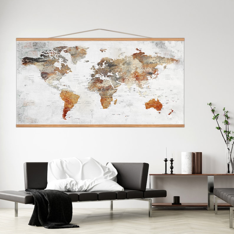 Hanging World Map Canvas Rustic Frame Home Decor Earth - Etsy