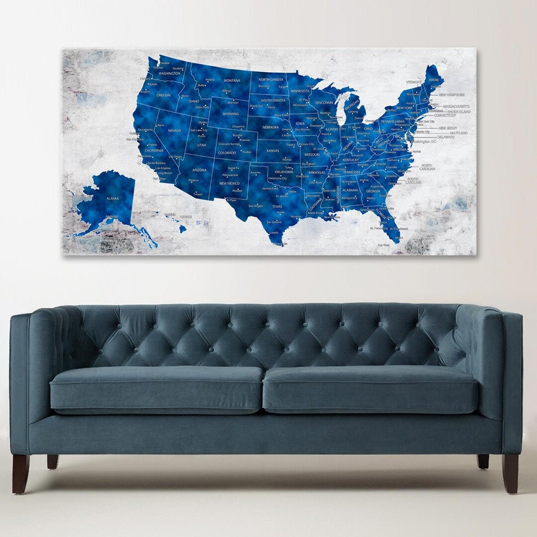 US Map Canvas Wall Art, Push Pin Travel US Map, Blue United States Map ...