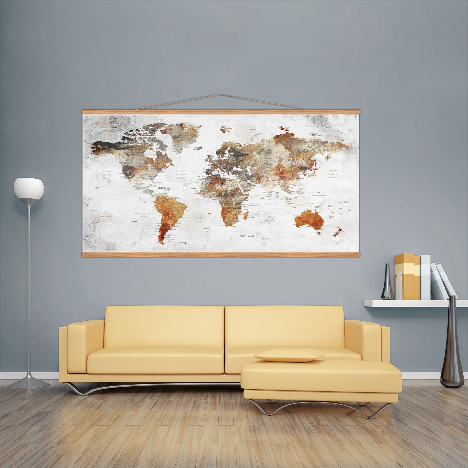 Hanging World Map Canvas Rustic Frame Home Decor Earth - Etsy