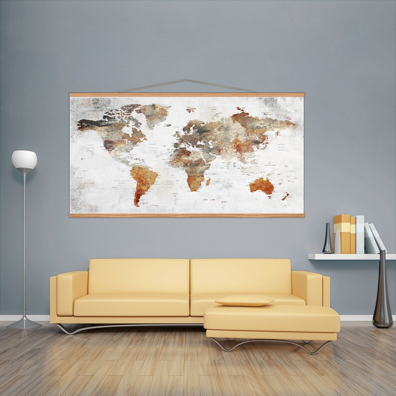 Hanging World Map Canvas Rustic Frame Home Decor Earth - Etsy