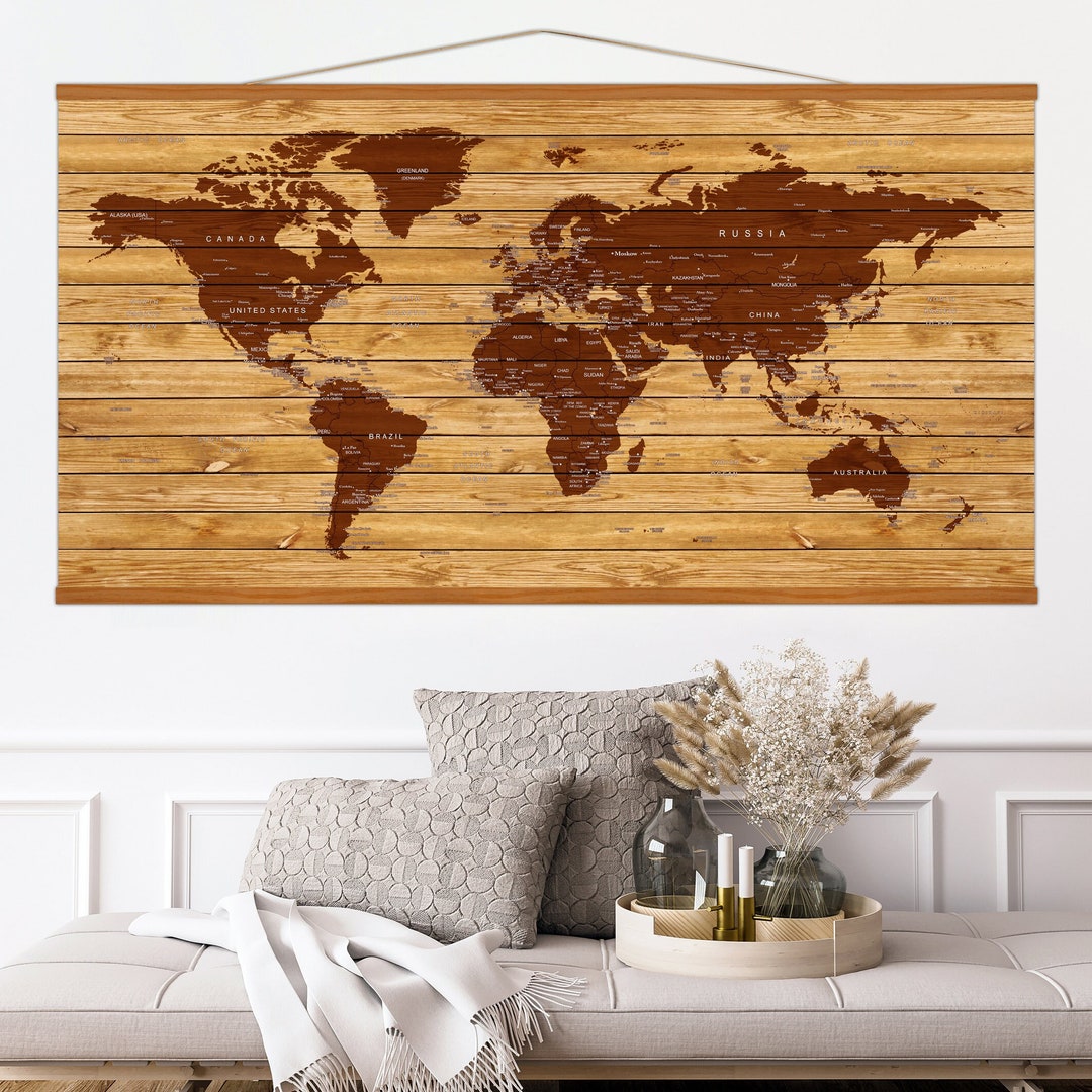 Hanging World Map Canvas, Rustic Frame Home Decor, Wood Texture World ...