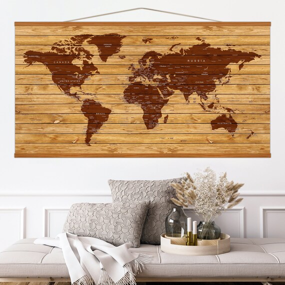 Hanging World Map Canvas Rustic Frame Home Decor Wood - Etsy