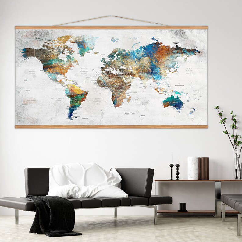 Hanging World Map Canvas Rustic Frame Home Decor World Map - Etsy