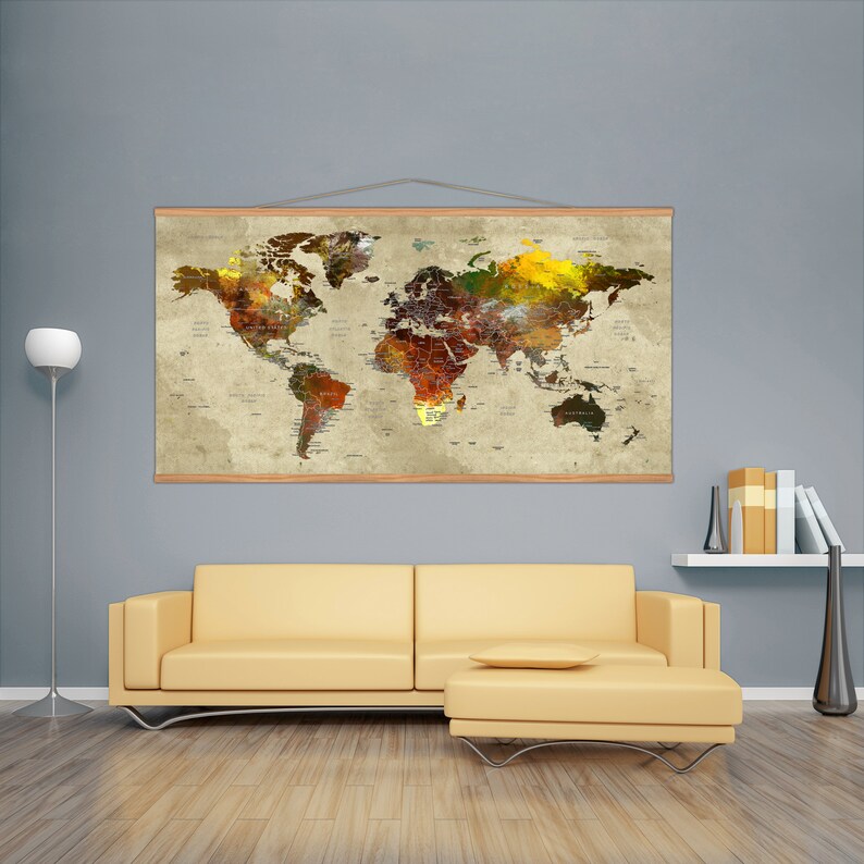 Hanging World Map Canvas Rustic Frame Home Decor Vintage - Etsy
