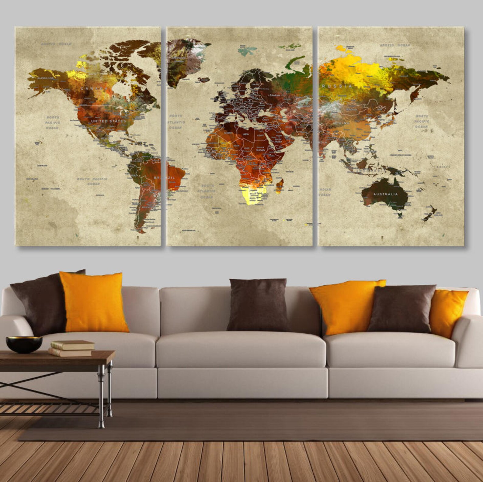 World Map Canvas Wall Art Push Pin Travel Map Rustic Style - Etsy