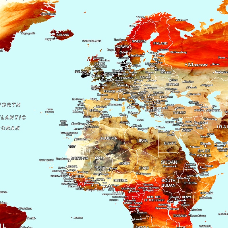 World Map Files for Print Sky Blue and Brown Downloadable - Etsy