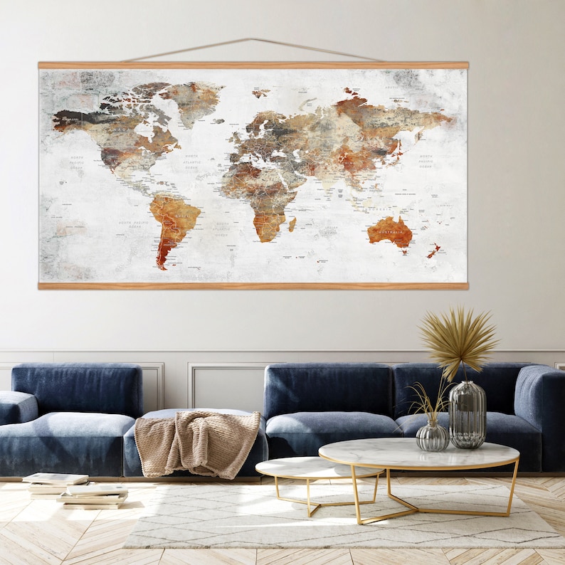 Hanging World Map Canvas Rustic Frame Home Decor Earth - Etsy