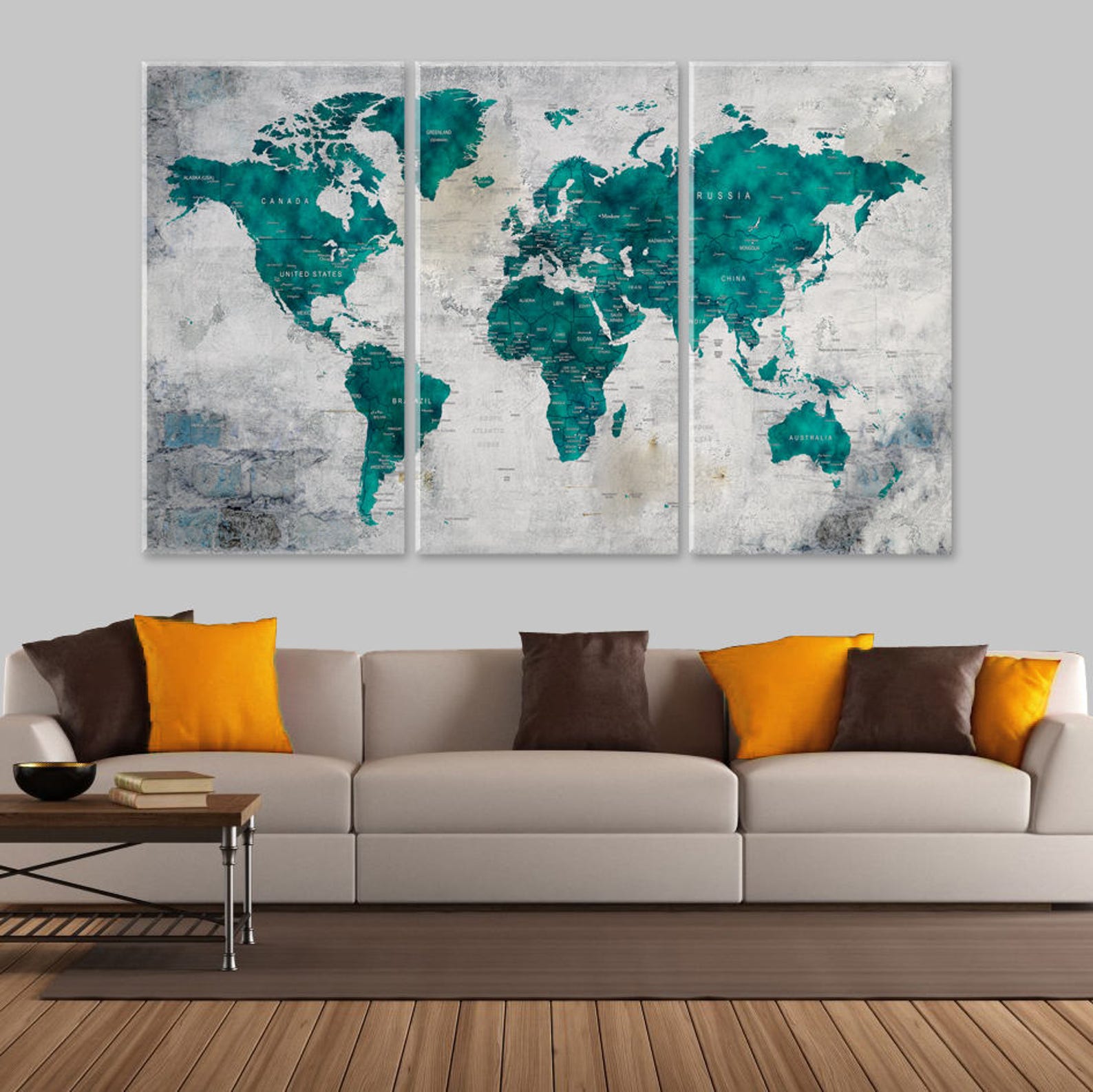 Turquoise World Map Canvas Wall Art Push Pin Travel Adventure | Etsy