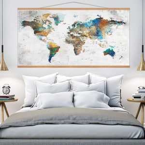 Hanging World Map Canvas, Rustic Frame Home Decor, World Map Wall Art ...