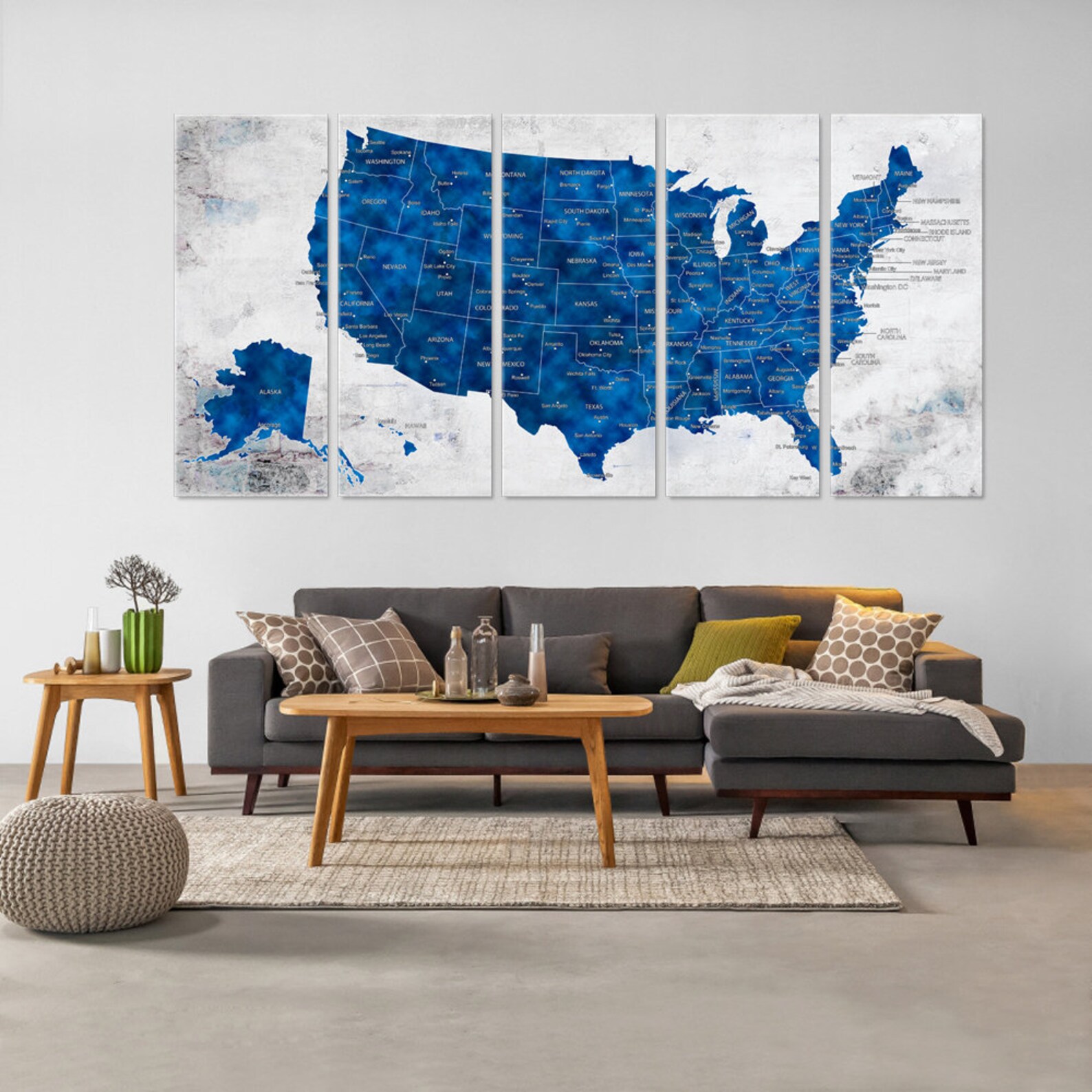 US Map Canvas Wall Art, Push Pin Travel US Map, Blue United States Map ...