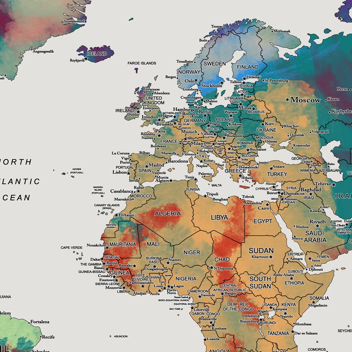 Printable World Map Files Multi Colors Downloadable Large | Etsy