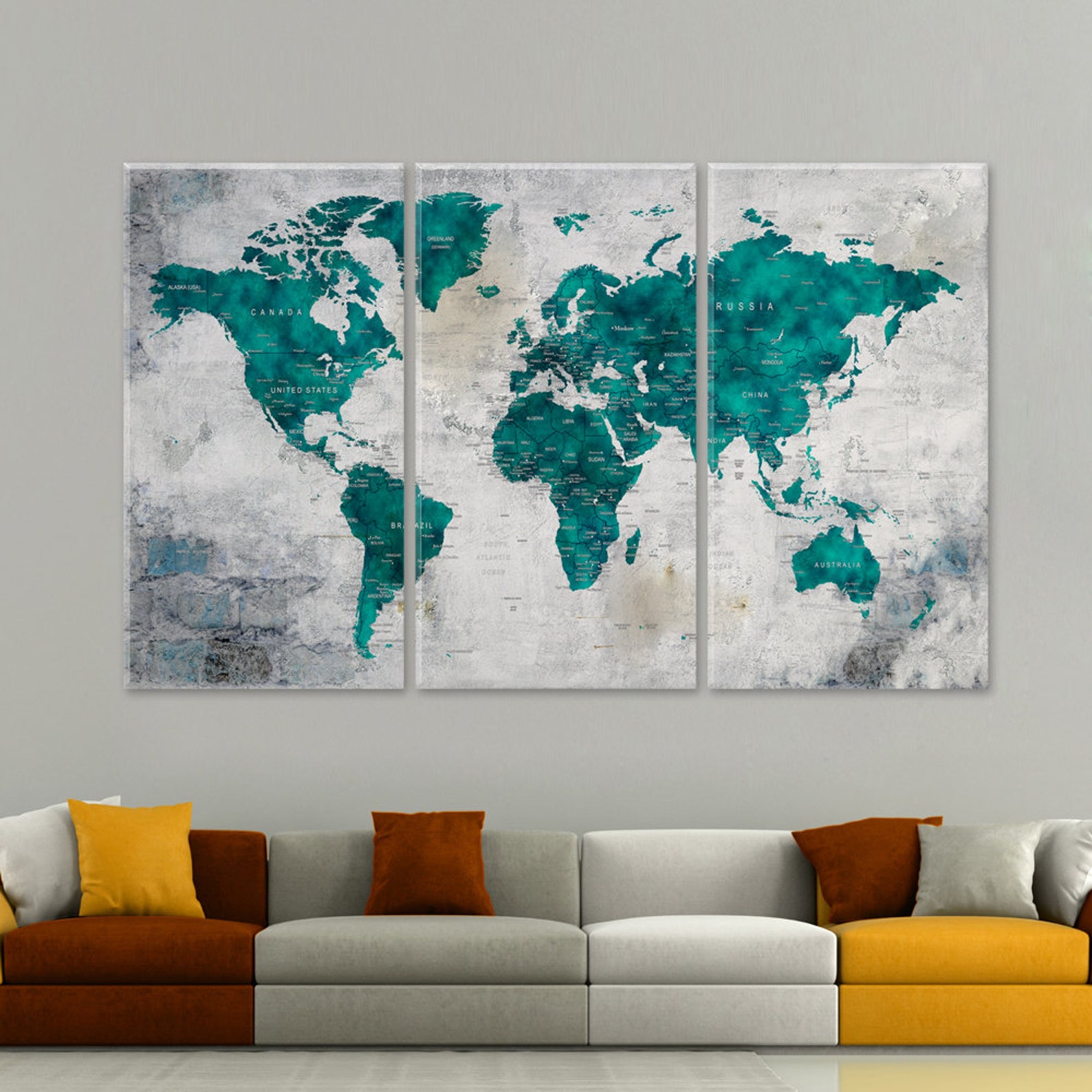 Turquoise World Map Canvas Wall Art Push Pin Travel Adventure | Etsy
