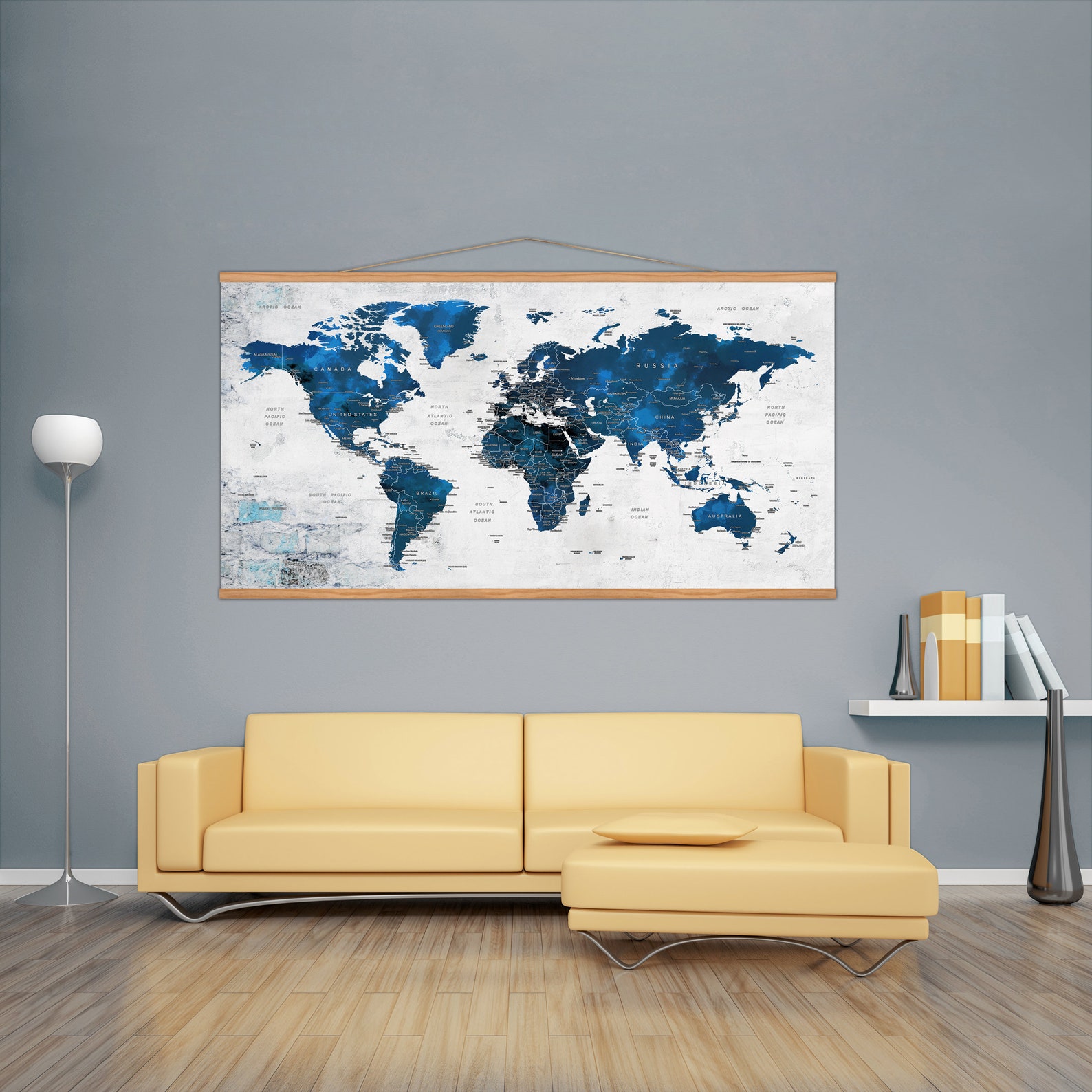 Hanging World Map Canvas, Rustic Frame Home Decor, Navy Blue World Map ...
