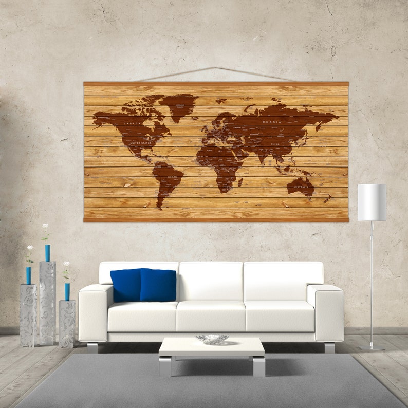 Hanging World Map Canvas Rustic Frame Home Decor Wood - Etsy