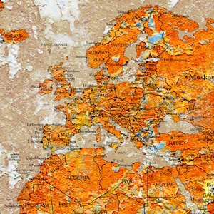 Push Pin Travel Map, World Map Canvas, Orange Old Wall Effect World Map ...