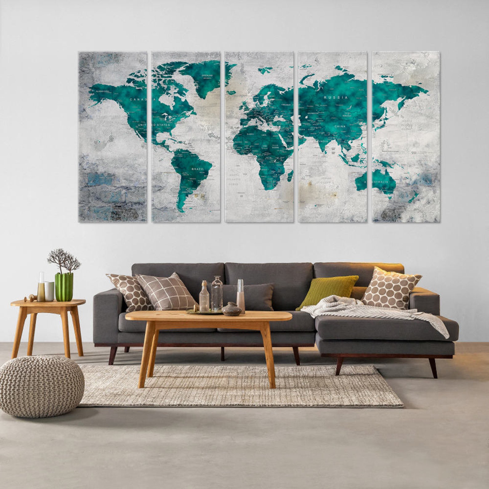 Turquoise Color Extra Large World Map Canvas Wall Decor Push - Etsy