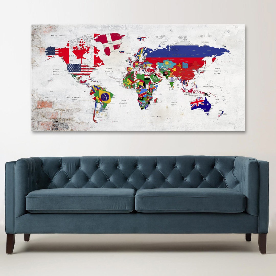World Map Canvas Wall Art, Adventure Push Pin Travel Map With Countries ...