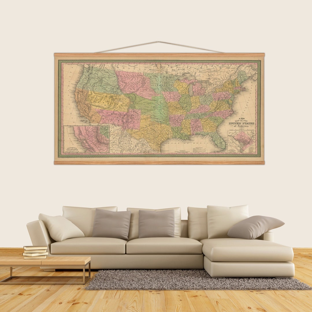 Hanging United States Vintage Map, Rustic Frame Retro Home Decor, Old ...