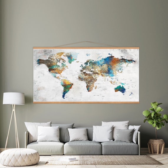 Hanging World Map Canvas Rustic Frame Home Decor World Map - Etsy