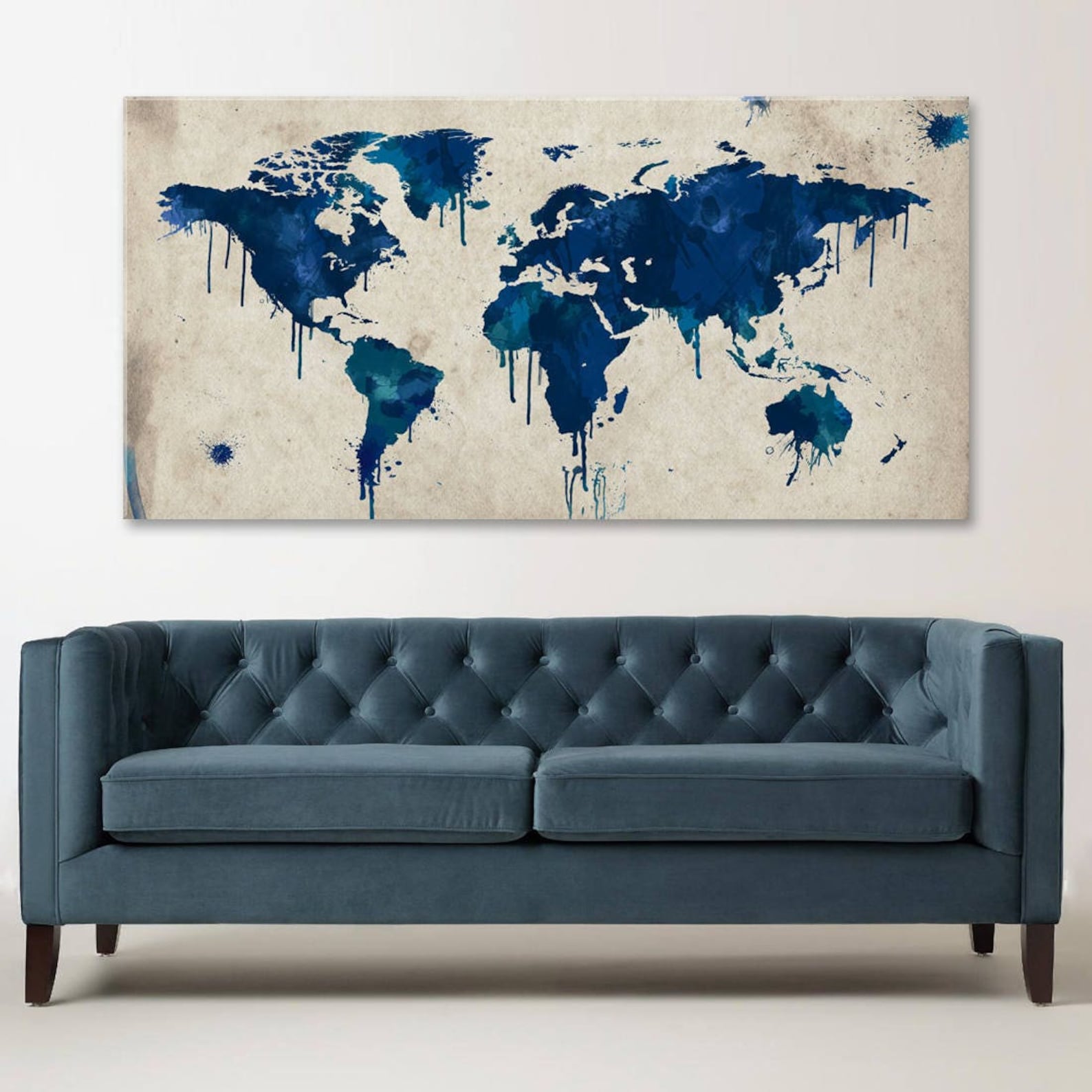 World Map Canvas Art, Navy Blue World Map, Watercolor Style Canvas ...