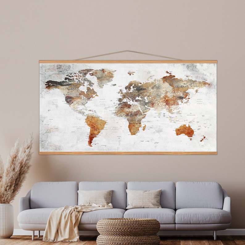 Hanging World Map Canvas Rustic Frame Home Decor Earth - Etsy