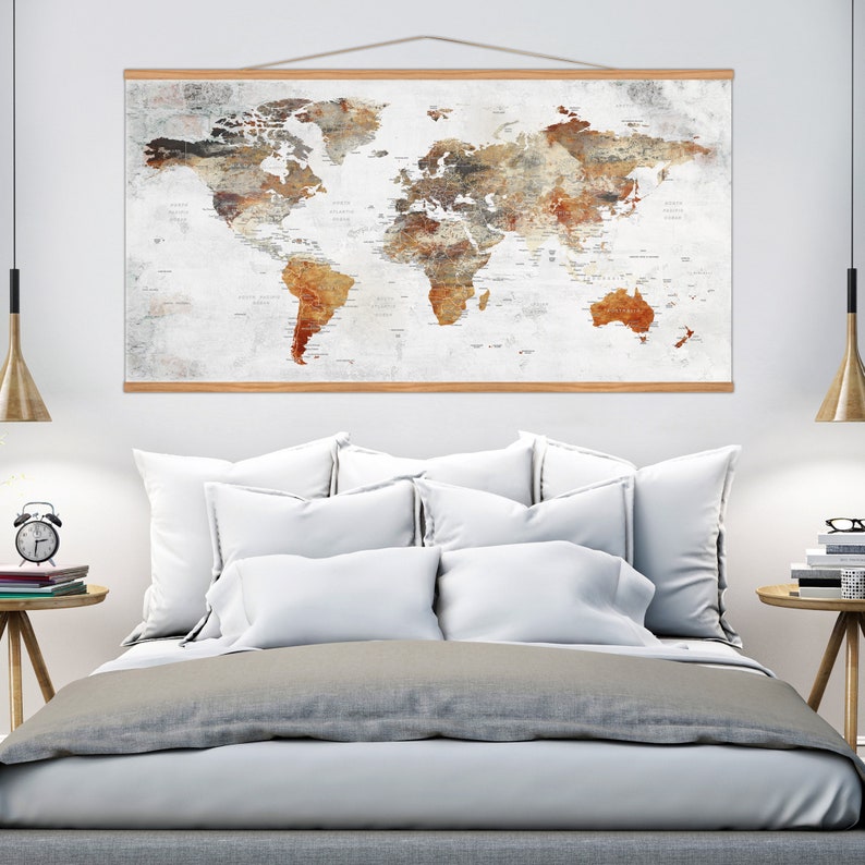 Hanging World Map Canvas Rustic Frame Home Decor Earth - Etsy