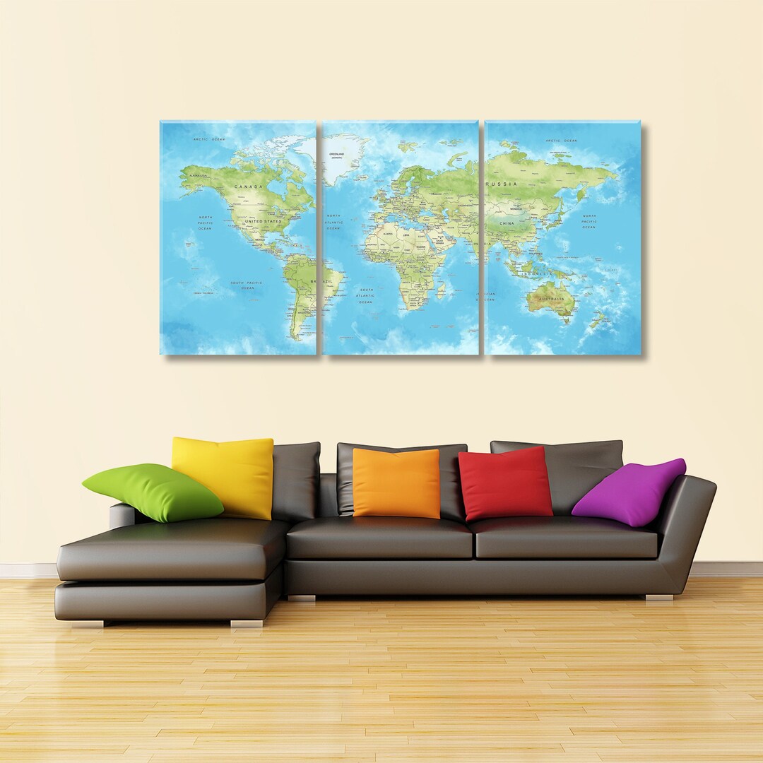 World Map Canvas Wall Art, Biosphere Colors Push Pin Map Decor ...