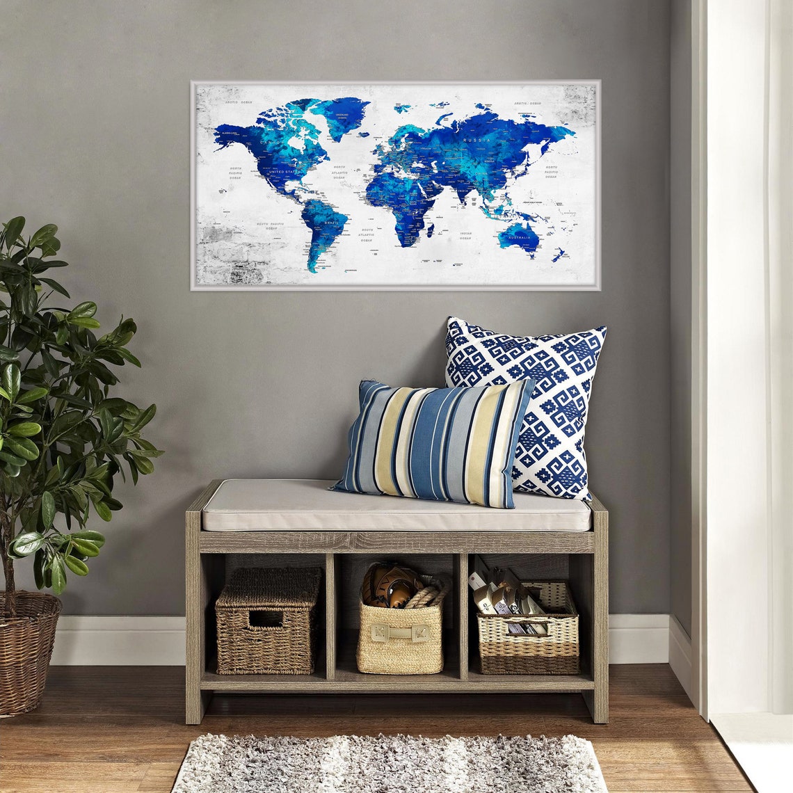 Printable World Map Poster Navy Blue Colors Downloadable - Etsy