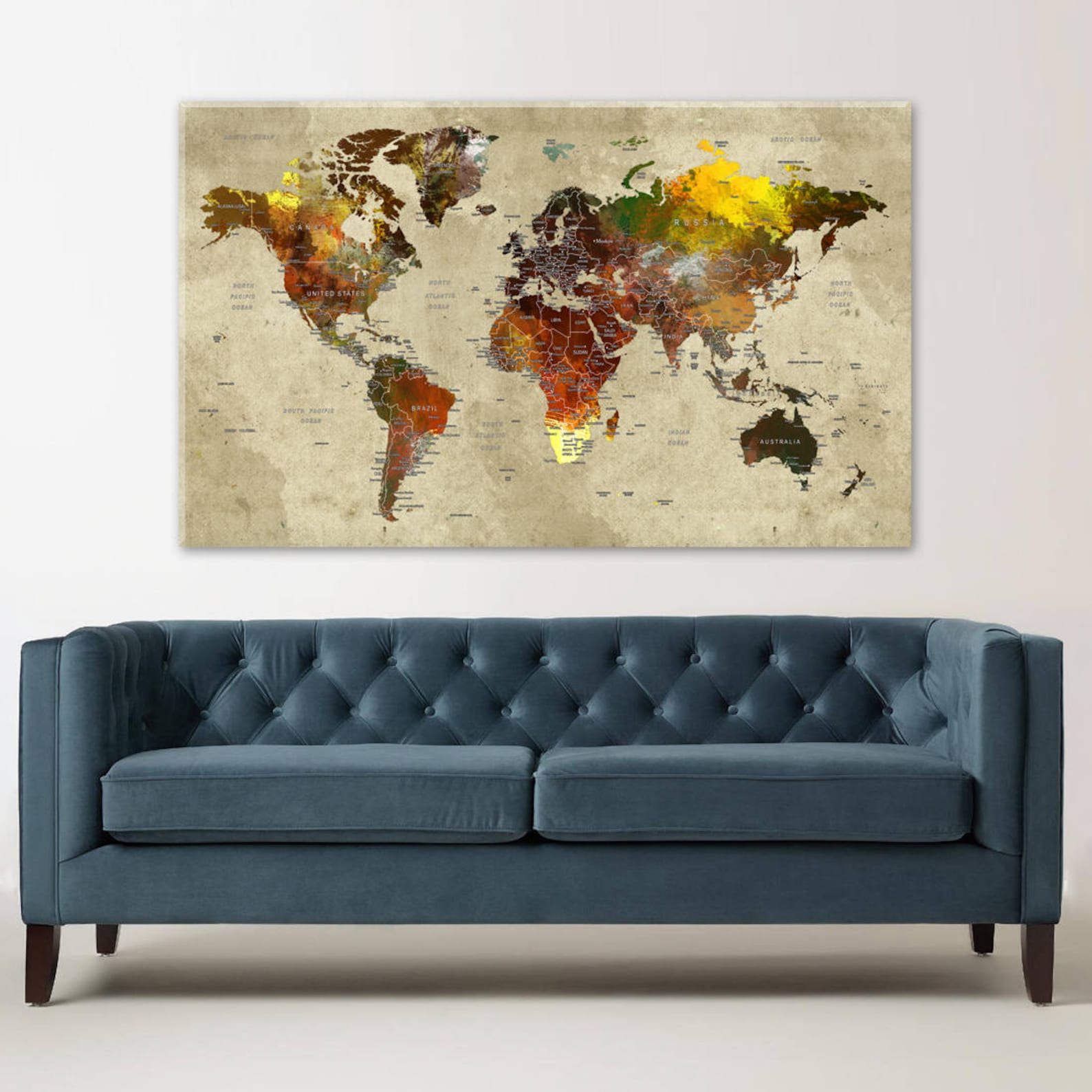 Large World Map Canvas Push Pin Travel World Map Colorful | Etsy