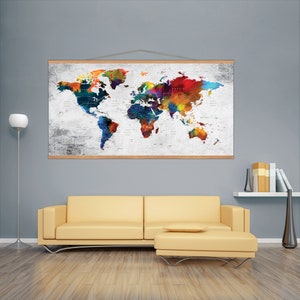 Hanging World Map Canvas, Rustic Frame Home Decor, Colorful World Map ...