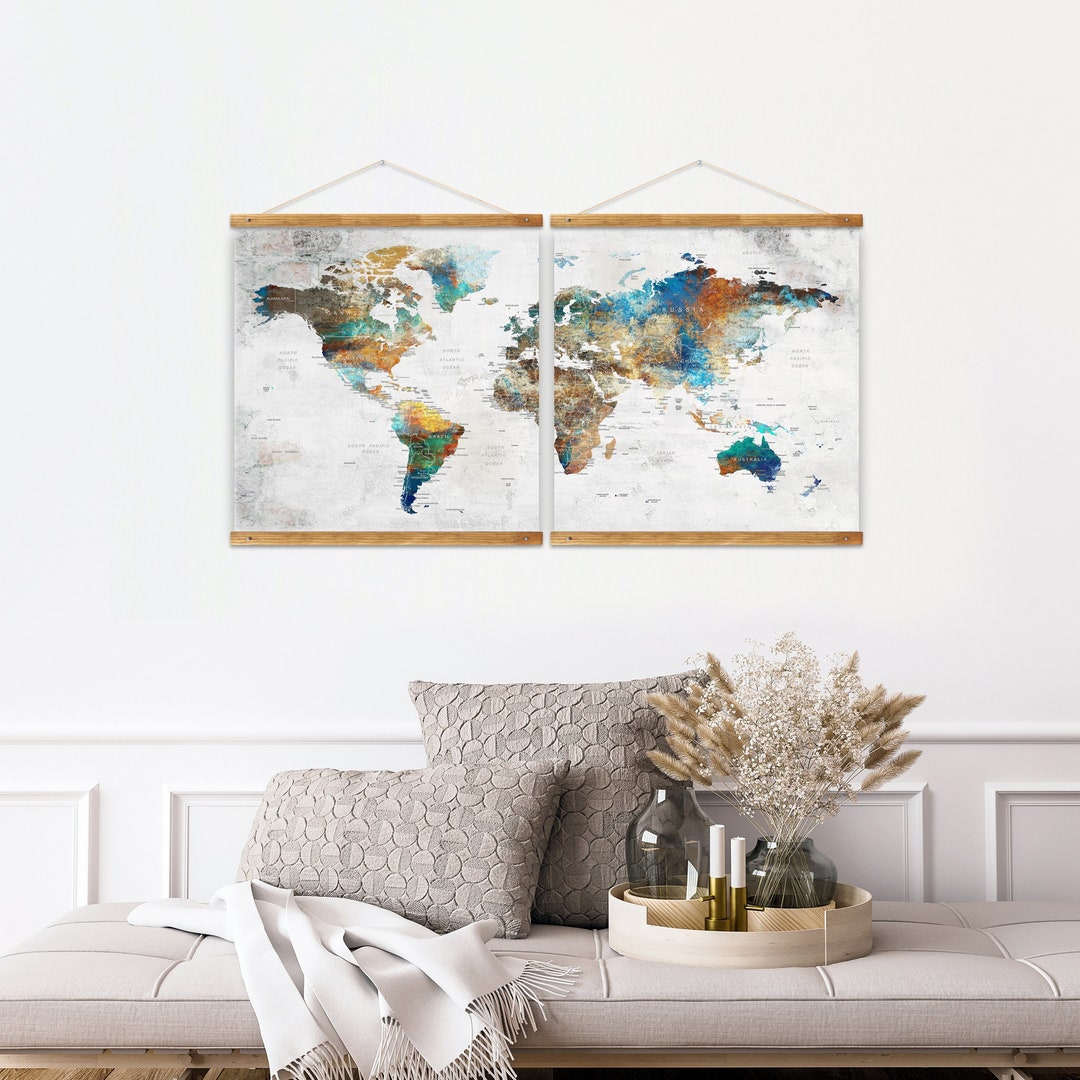 World Map Canvas Wall Hanging, Rustic Frame Home Decor 2 Banner, Earth ...