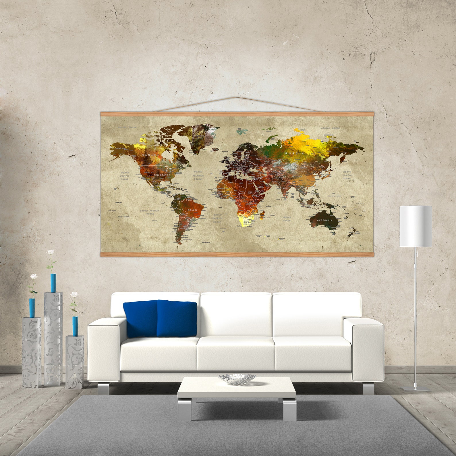 Hanging World Map Canvas Rustic Frame Home Decor Vintage - Etsy