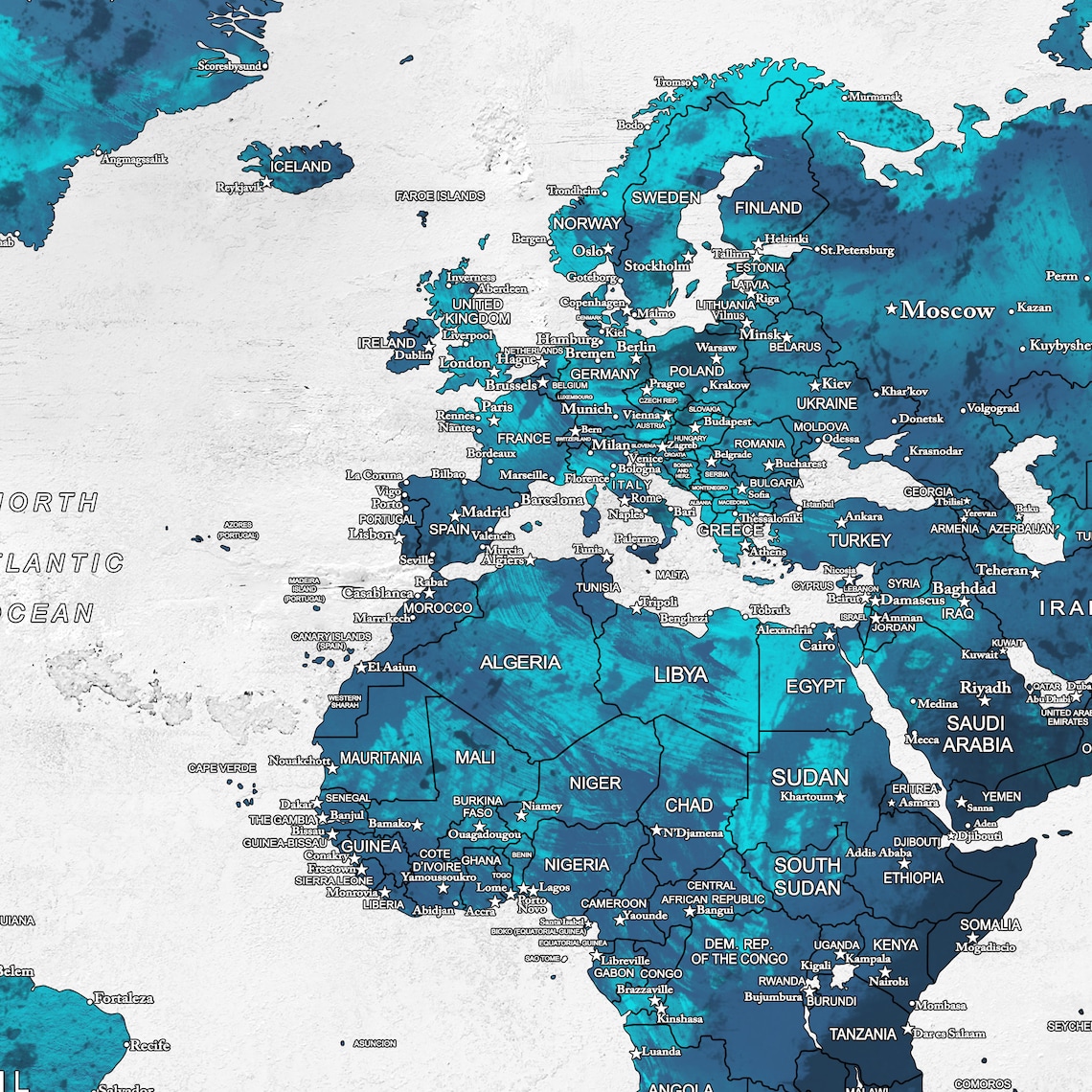 World Map Files Printable Blue Colors Downloadable Large | Etsy