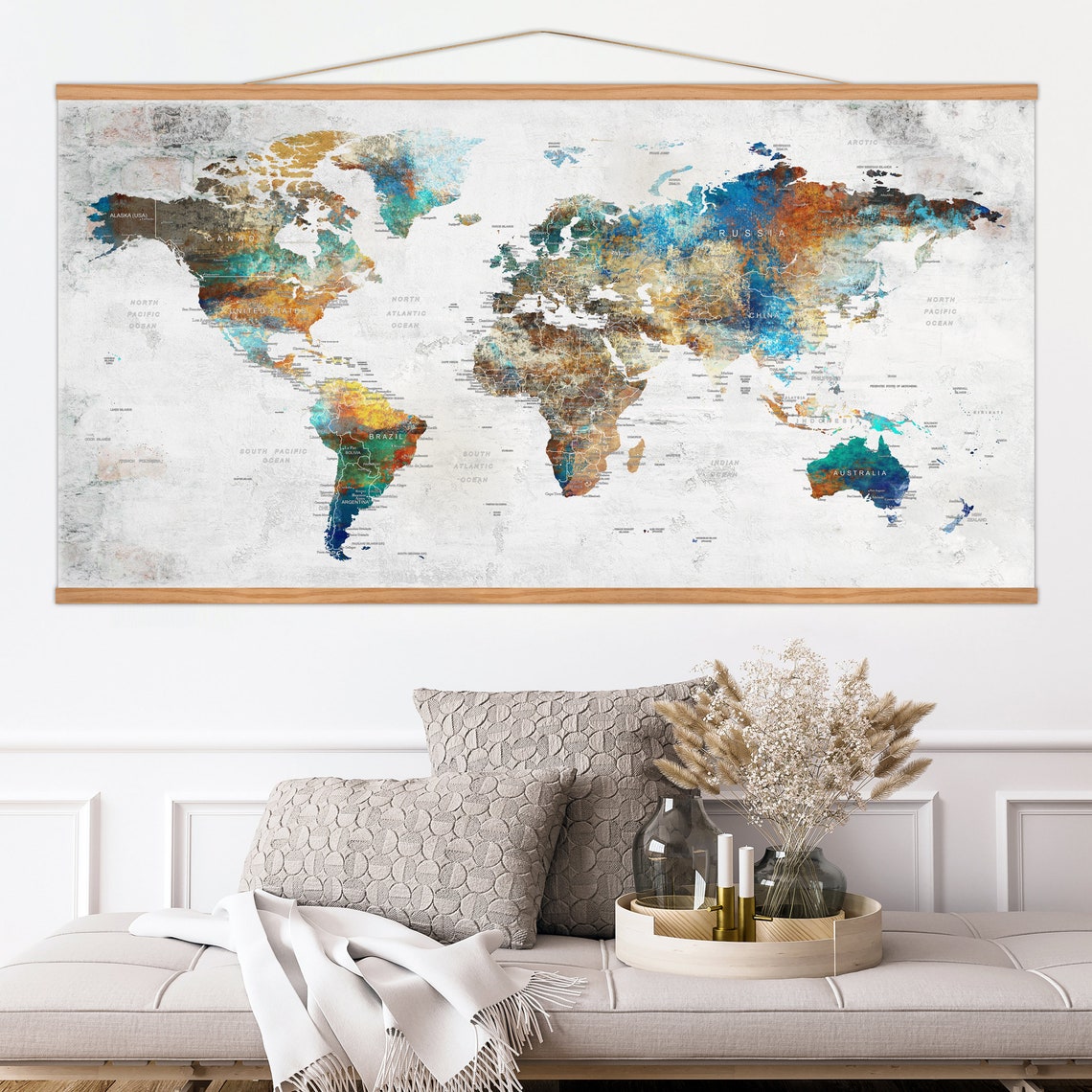 Hanging World Map Canvas Rustic Frame Home Decor World Map - Etsy