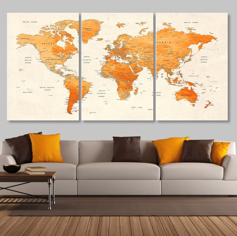 World Map Canvas Push Pin Travel Map Orange World Map Decor - Etsy