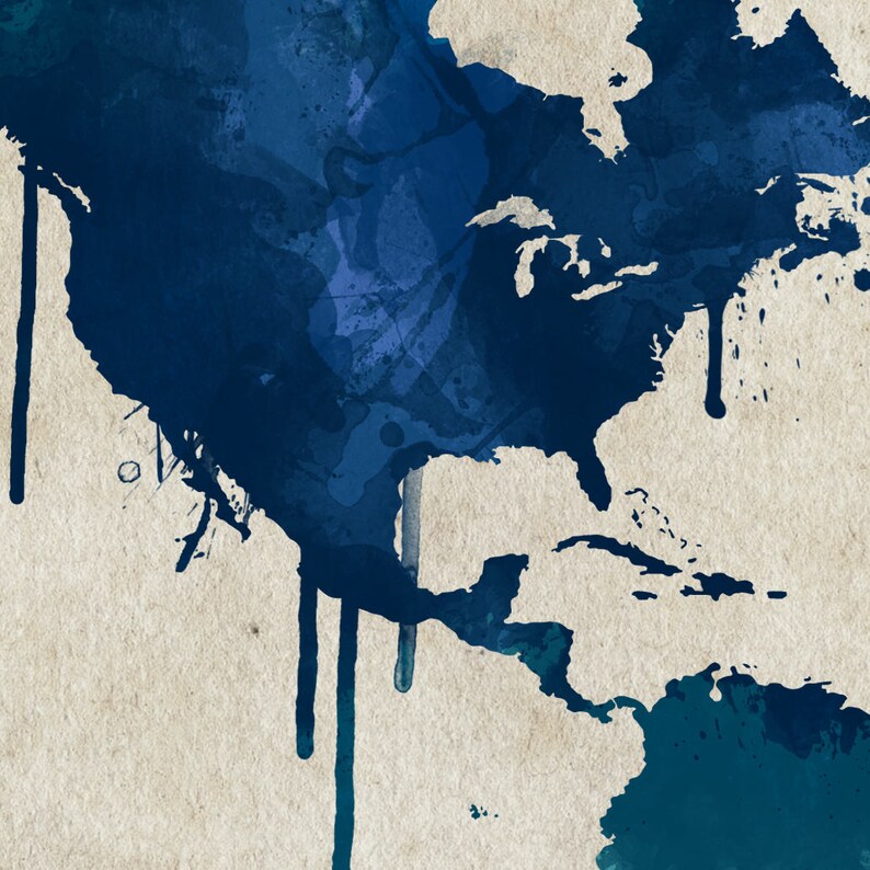 World Map Canvas Art, Navy Blue World Map, Watercolor Style Canvas ...