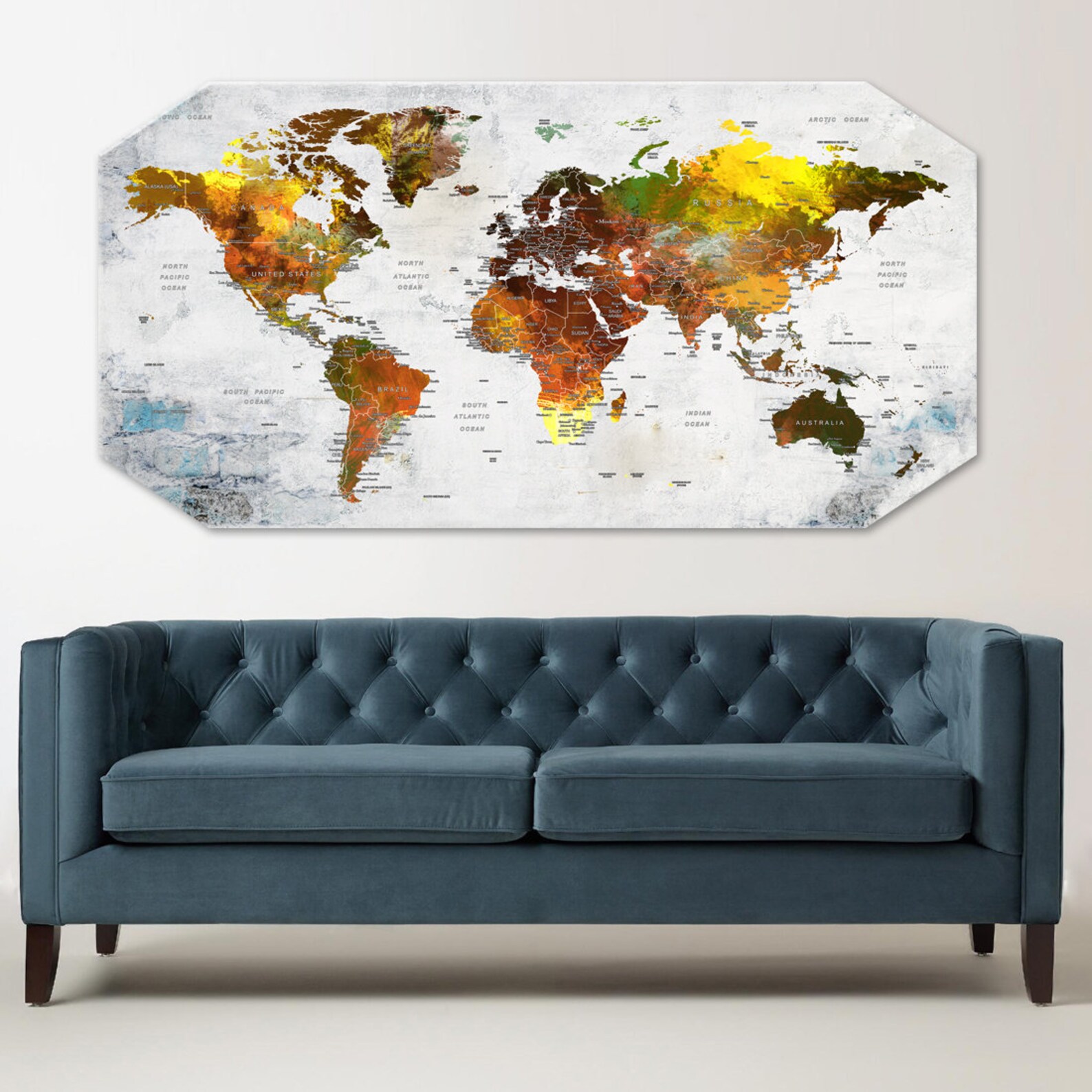 World Map Canvas, Octagonal Wall Art, Push Pin Travel Map, Home Gift ...