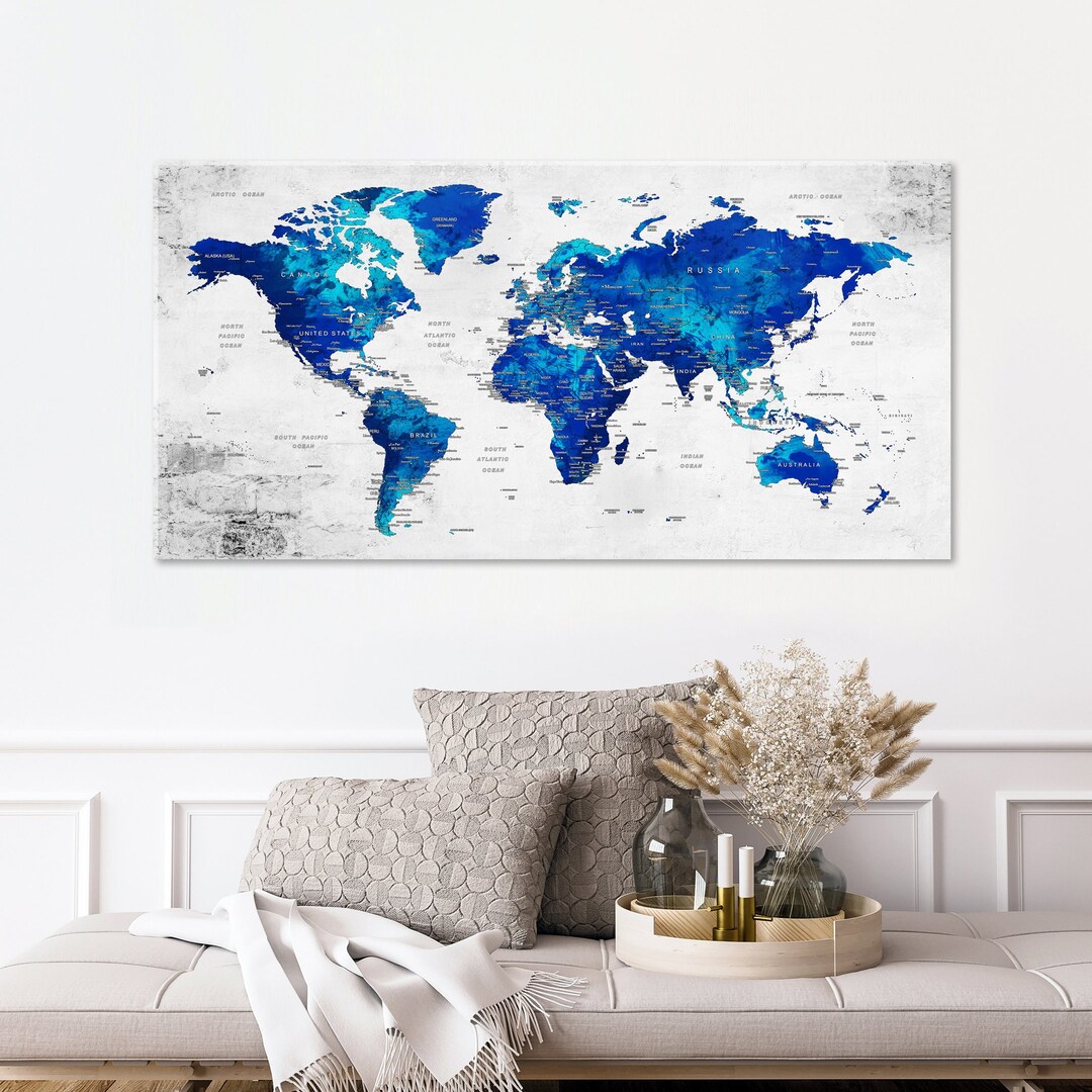 Blue Color World Map Wall Art, World Map Canvas Wall Art Push Pin Map ...