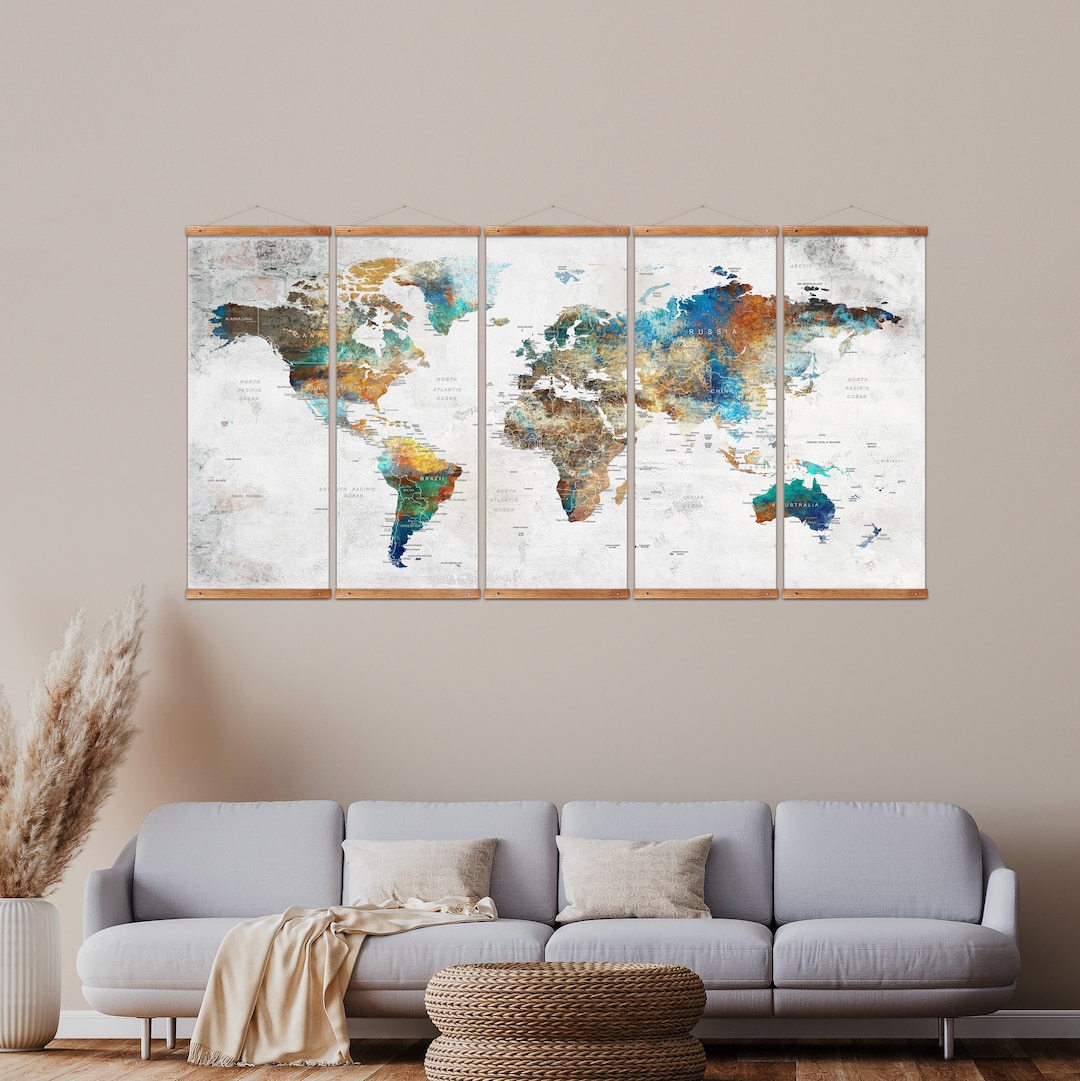 XL World Map Canvas Wall Hanging, Map Ot the World Wall Art, Rustic ...