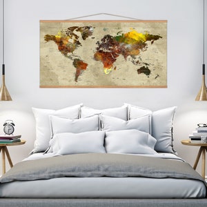 Hanging World Map Canvas, Rustic Frame Home Decor, Vintage Colors World ...