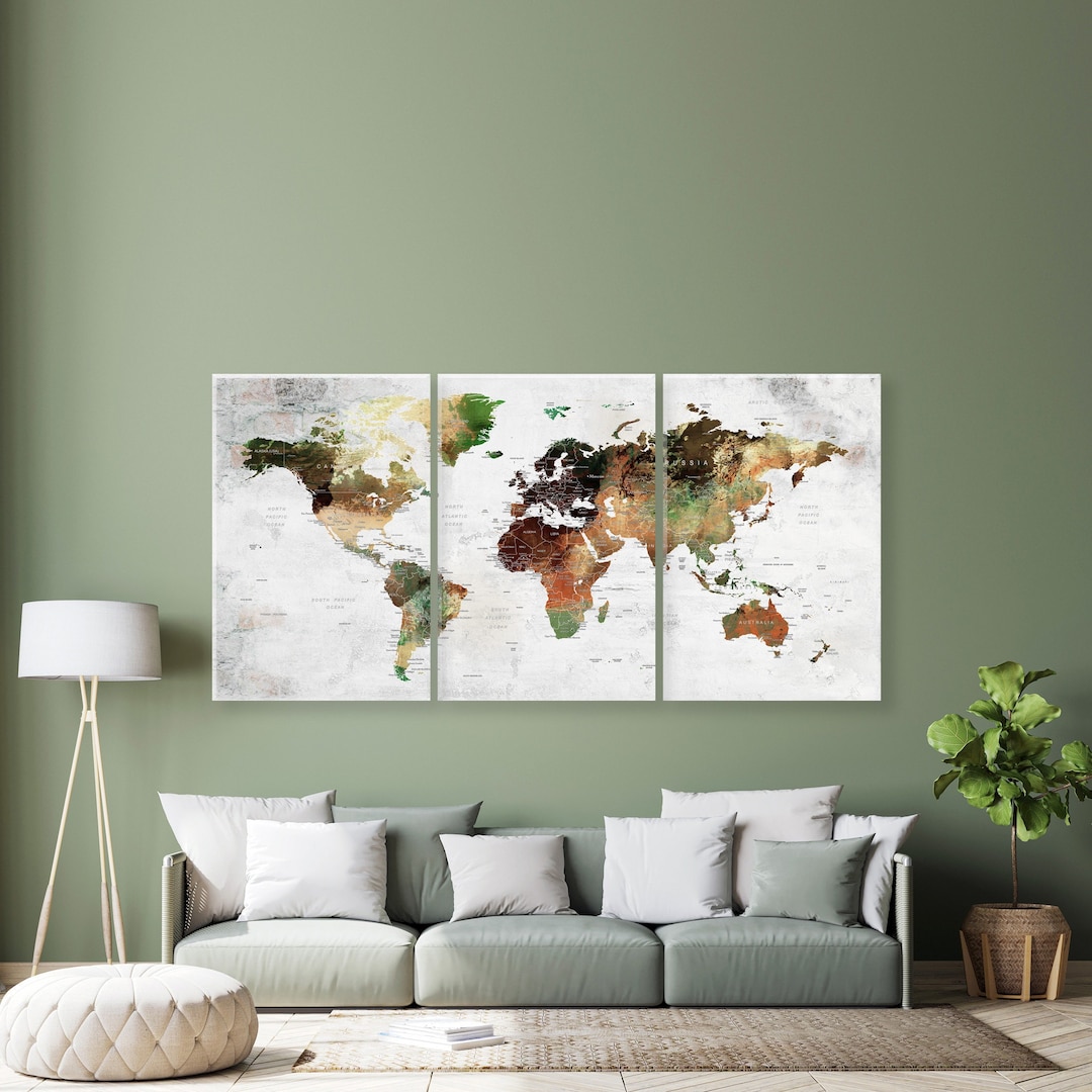 World Map Push Pin Wall Art on Canvas, Brown and Beige Colors Adventure ...