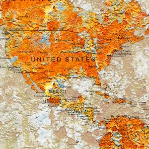 Push Pin Travel Map, World Map Canvas, Orange Old Wall Effect World Map ...
